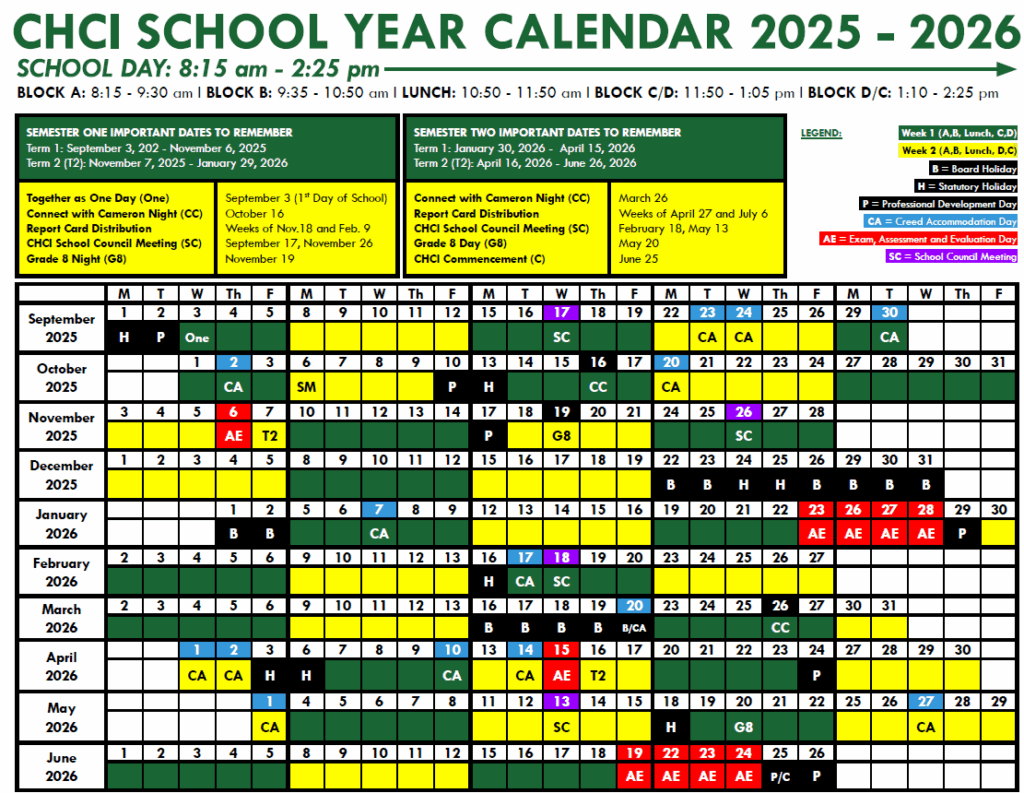 The 2025-26 School Year Calendar (Cameron Heights Collegiate Institute)
